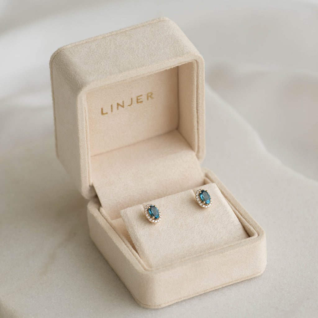 London Blue Topaz Halo Stud Earrings 14k Gold - Marzia | Linjer Jewelry
