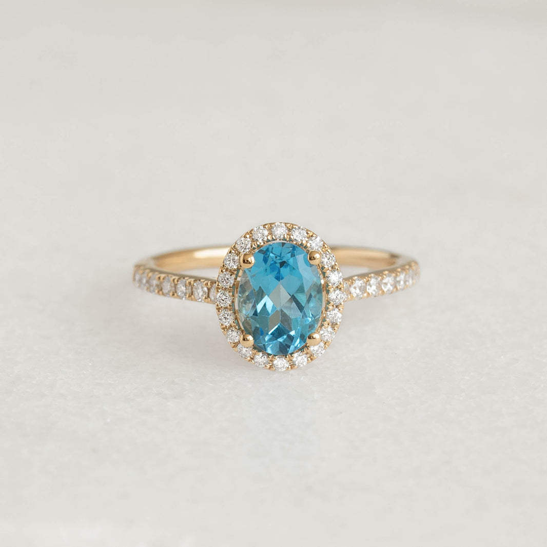 Swiss Blue Topaz Halo Stud Earrings 14k Gold - Marzia | Linjer Jewelry