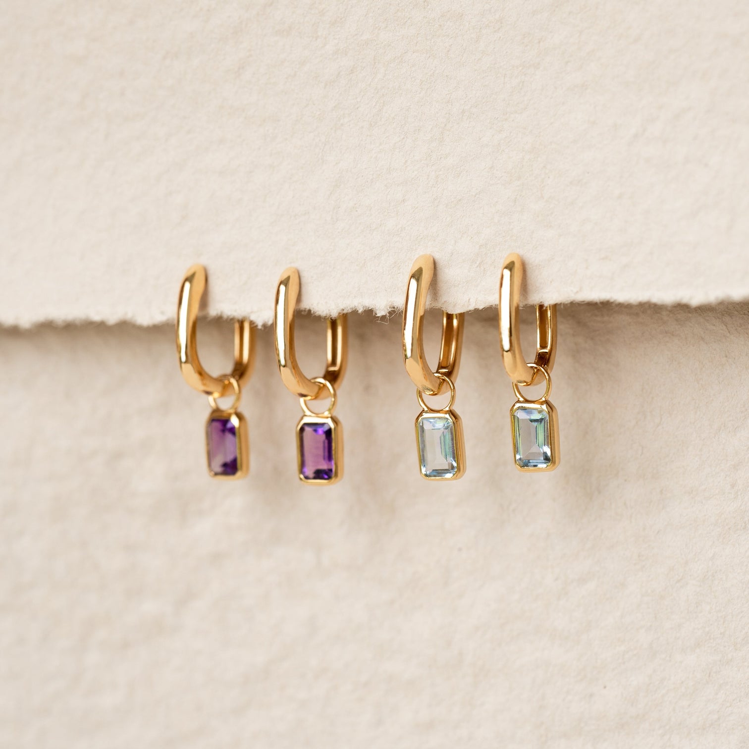 Huggie Earrings with Baguette Charms Sky Blue Topaz - Amelia | Linjer ...