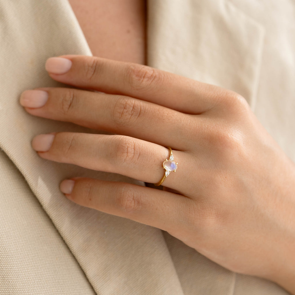 Moonstone and Diamond Ring 14k Gold - Maia | Linjer Jewelry